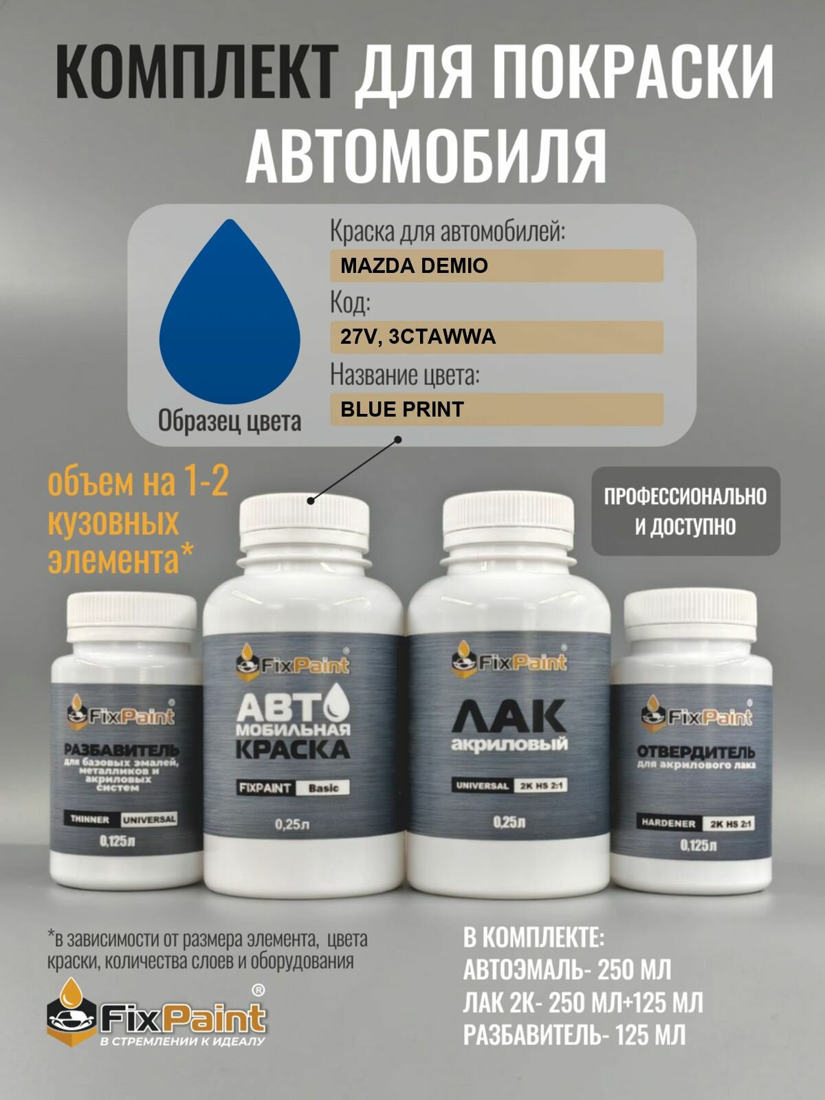 Комплект для покраски MAZDA DEMIO, код 27V, 3CTAWWA, BLUE PRINT, базовая автомобильная краска 250 мл, лак 2K 250 мл с отвердителем, разбавитель 125 мл, FixPaint Pro