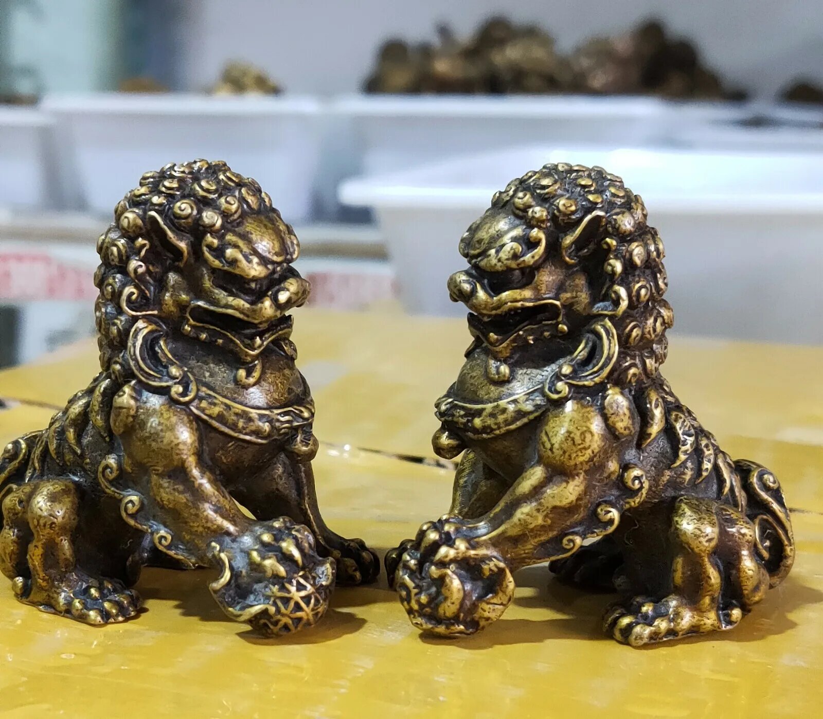 Бронзовые мини-статуи львов Fu Foo Dog, пара