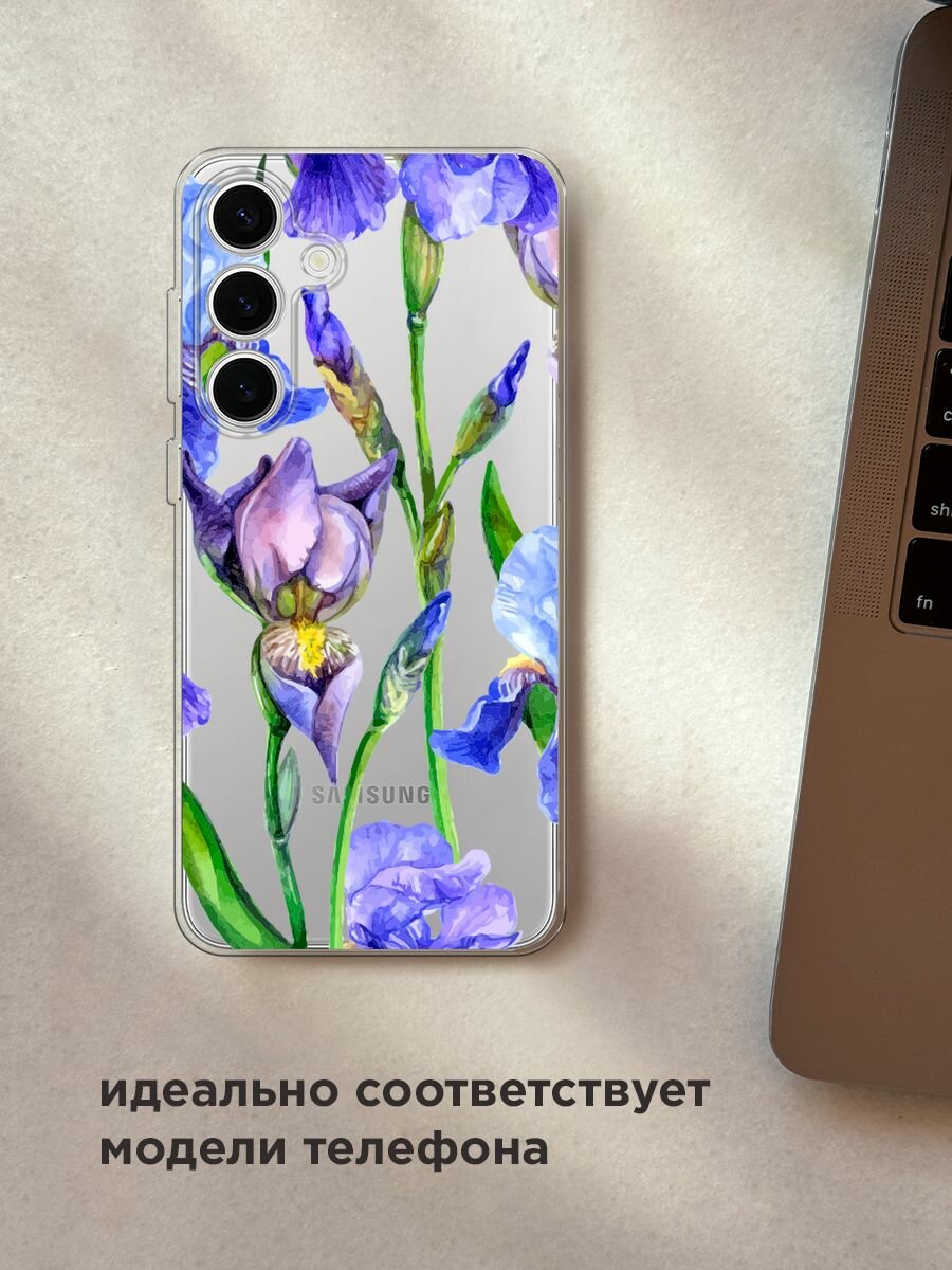 Чехол на Samsung Galaxy S25 FE / Самсунг S25 Фе с принтом "Синие ирисы", прозрачный — фото 1