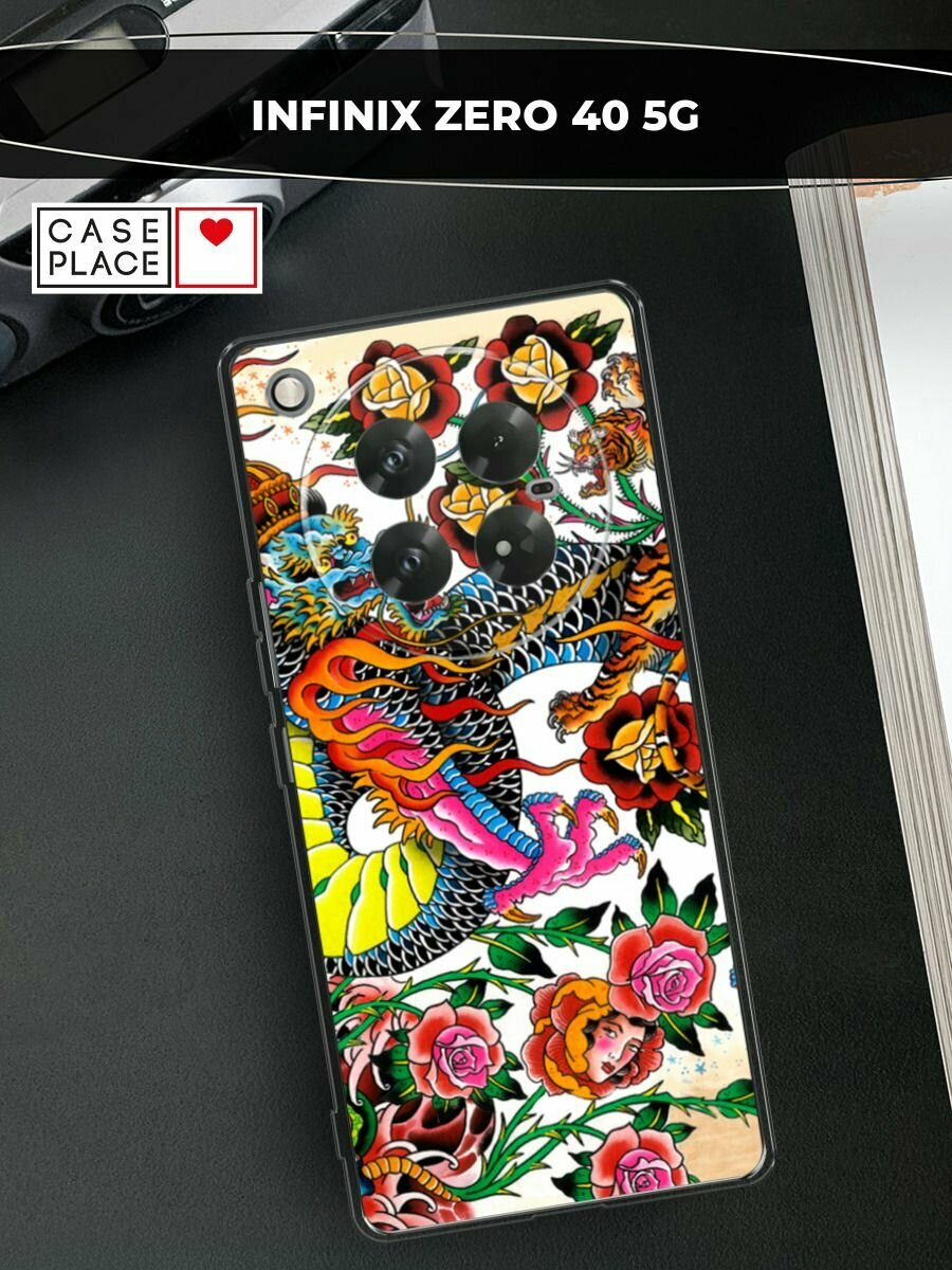 Чехол на Infinix Zero 40 5G / Инфиникс Зеро 40 5G с принтом "Дракон в цветах"