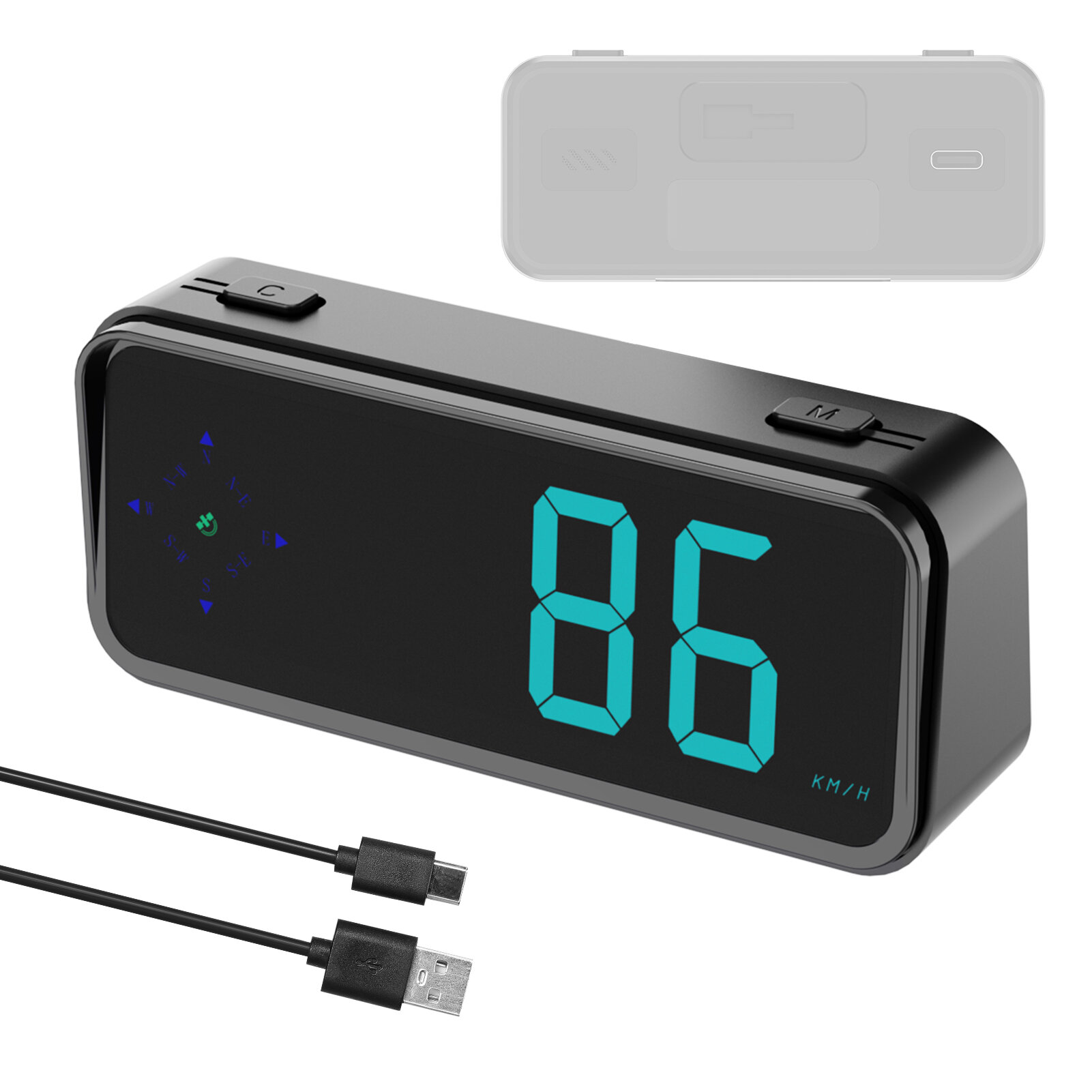 Car Headup Display GPS Спидометр Цифровой KM/H MPH Переключаемый с Цветным LED Дисплеем, Цифровым Часом, Дисплеем Направления Движения, Сигналом Перегрузки для Автомобиля Грузовика SUV RV Черный Без Подставки/СПодставкой (опционально) ABS 93*38*23mm 46g