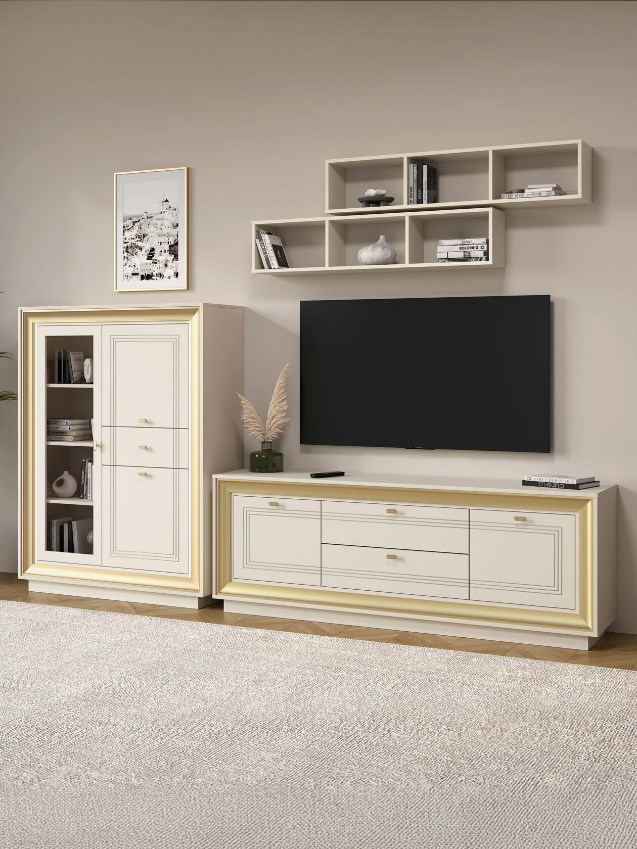 Гостиная комплект Прато Мини, ТВ-тумба, шкаф-витрина, настенные полки, 290х42.6х145.7 см, Зефир / Миндаль