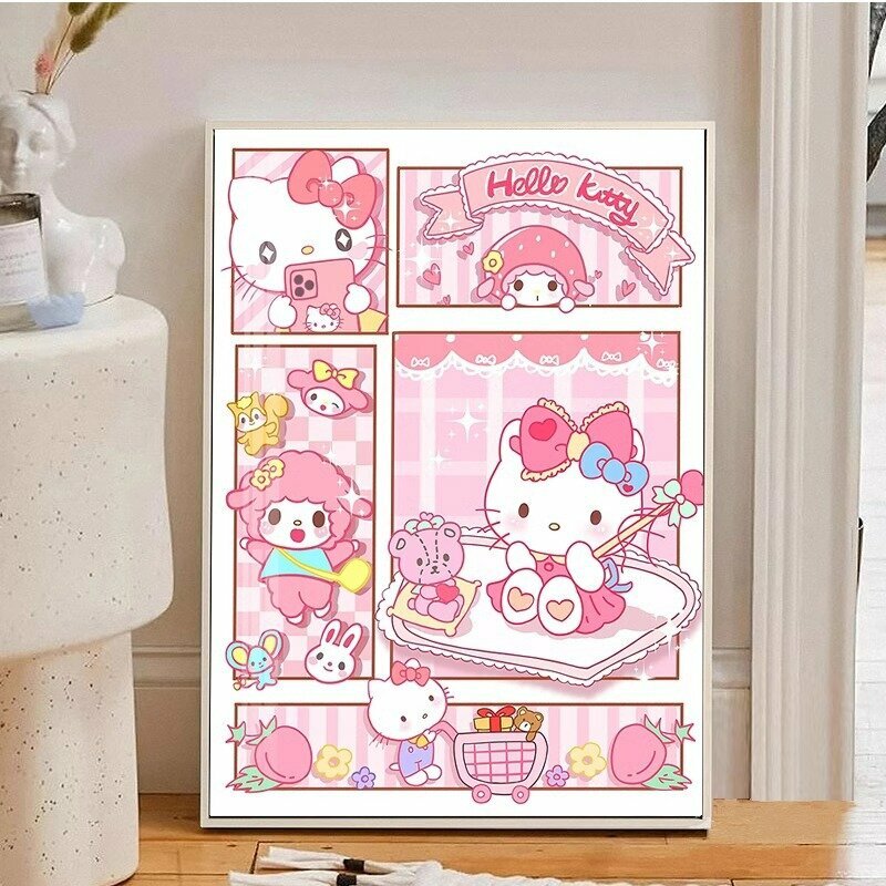 Hello Kitty, Алмазная живопись, розовый декоративная роспись, Без рамки, 50х60 см