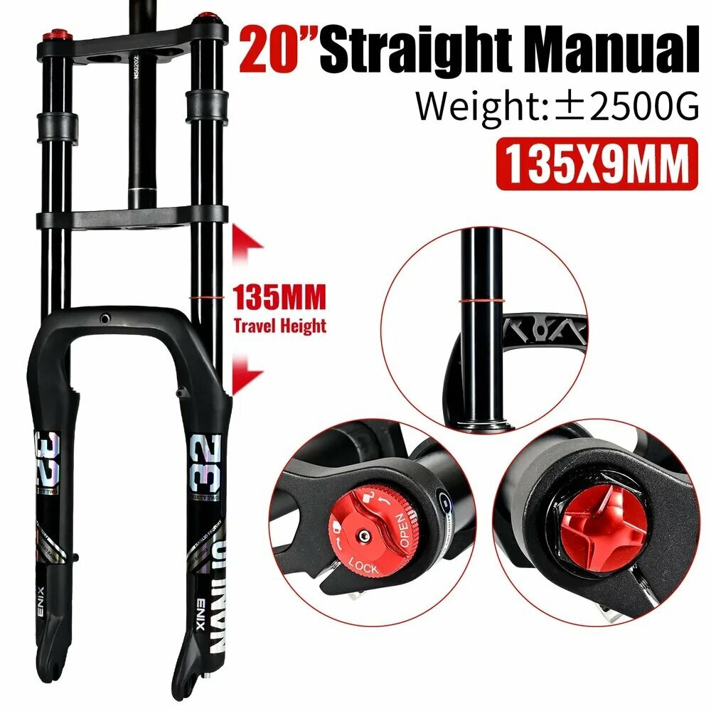 Велосипедные амортизаторы для снега Nanlio, передняя вилка двойного плеча для электровелосипедов, 20*4.0 дюймов / 26*4.0 дюймов, горная вилка, 135x9 мм, 135 мм хода.