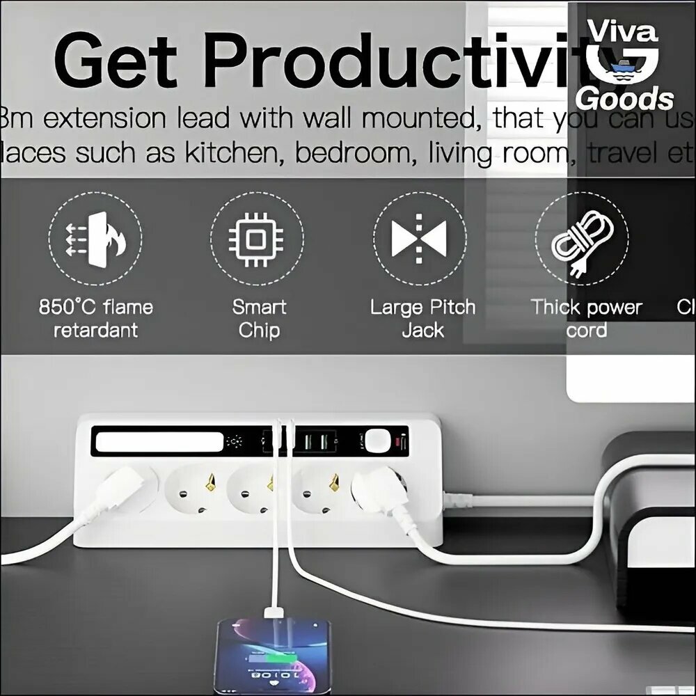 30W Быстрая зарядка Удлинитель 4 розетки + 3 USB (Type-C PD) Мощный сетевой фильтр 3680Вт Зарядка ноутбуков и гаджетов Угловой с ночникомy