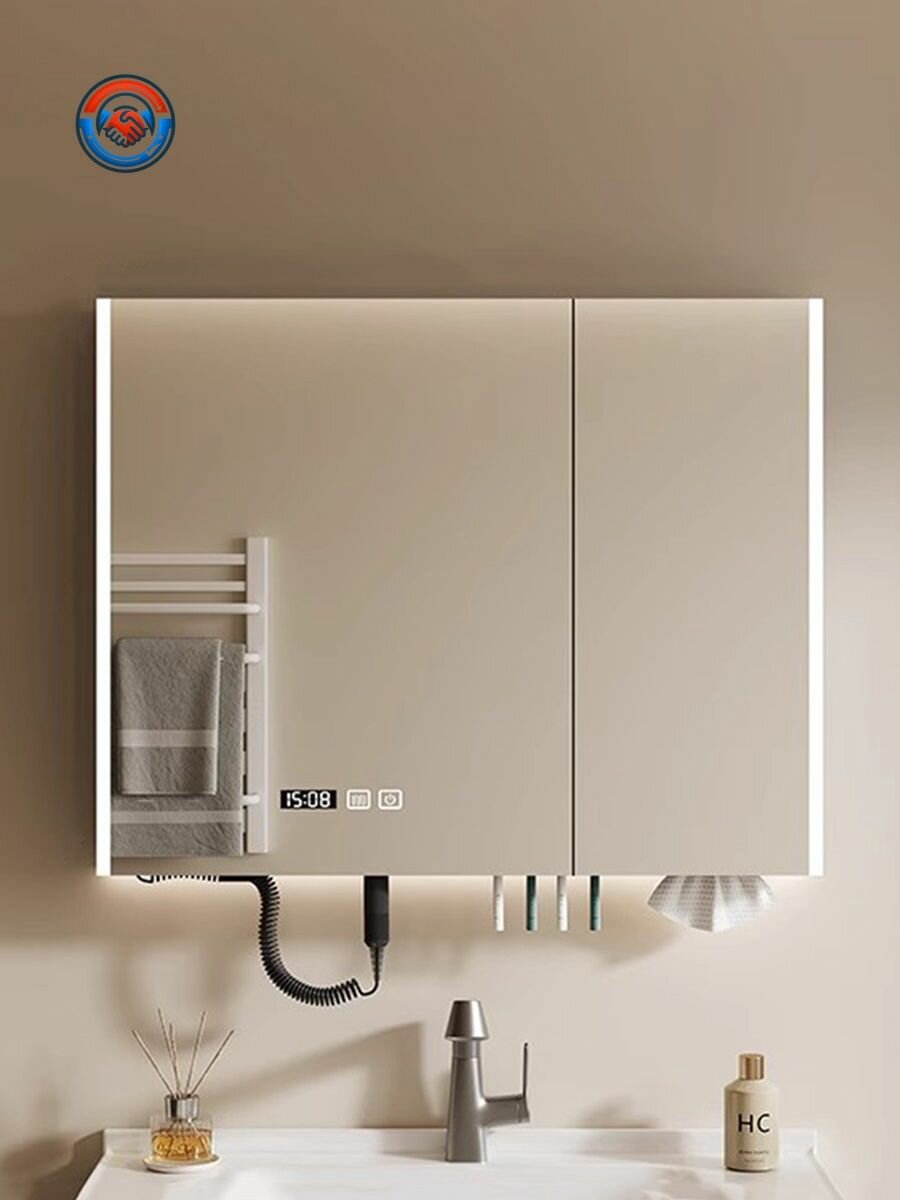 Зеркальный шкаф в ванную с LED-подсветкой и часами, водостойкий навесной пенал с антизапотевающим зеркалом и отверстием для бумажных полотенец, 60-120 см