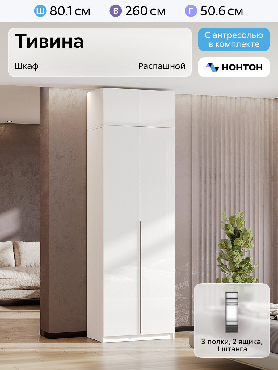 Шкаф для одежды распашной Нонтон Тивина, с антресолью, 80 см, 3 полки, 1 штанга, 2 ящика, белый глянец