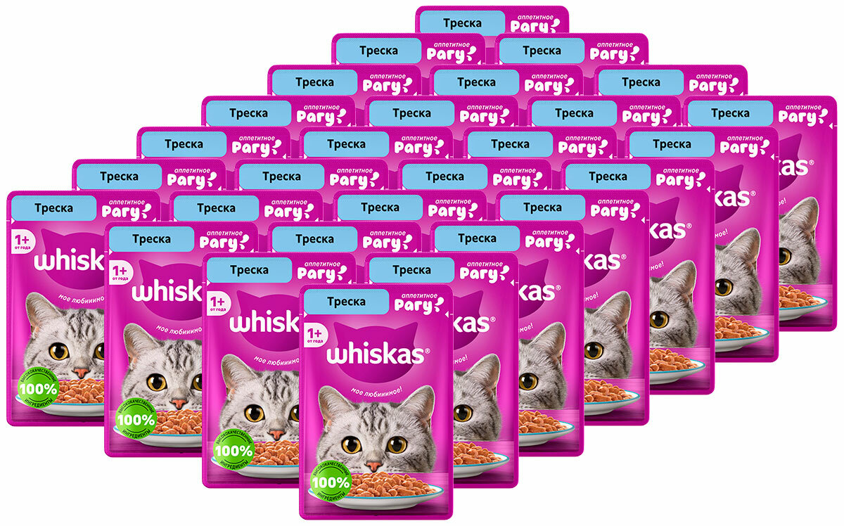 Корм влажный Whiskas для взрослых кошек, рагу с треской, 75 гр х 28 шт