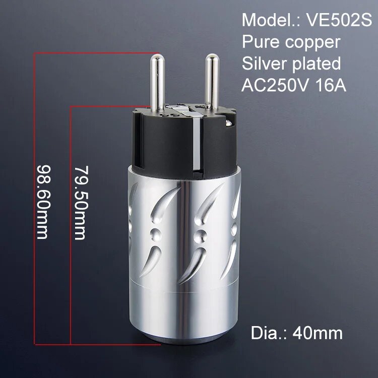 Вилка VE502S, Pure copper, Silver plated, AC250V 16A