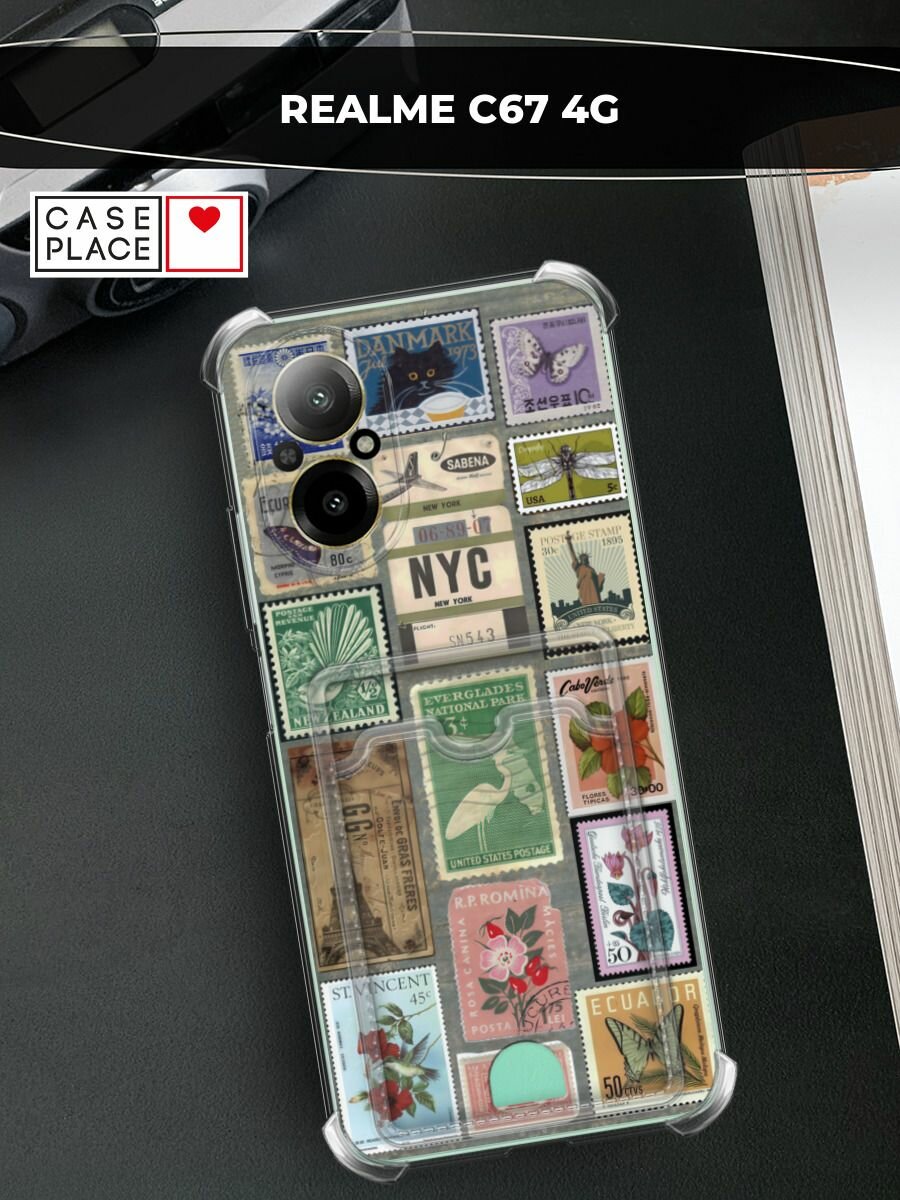 Чехол на Realme C67 4G (Реалми C67 4G) с картой и принтом Коллаж из марок