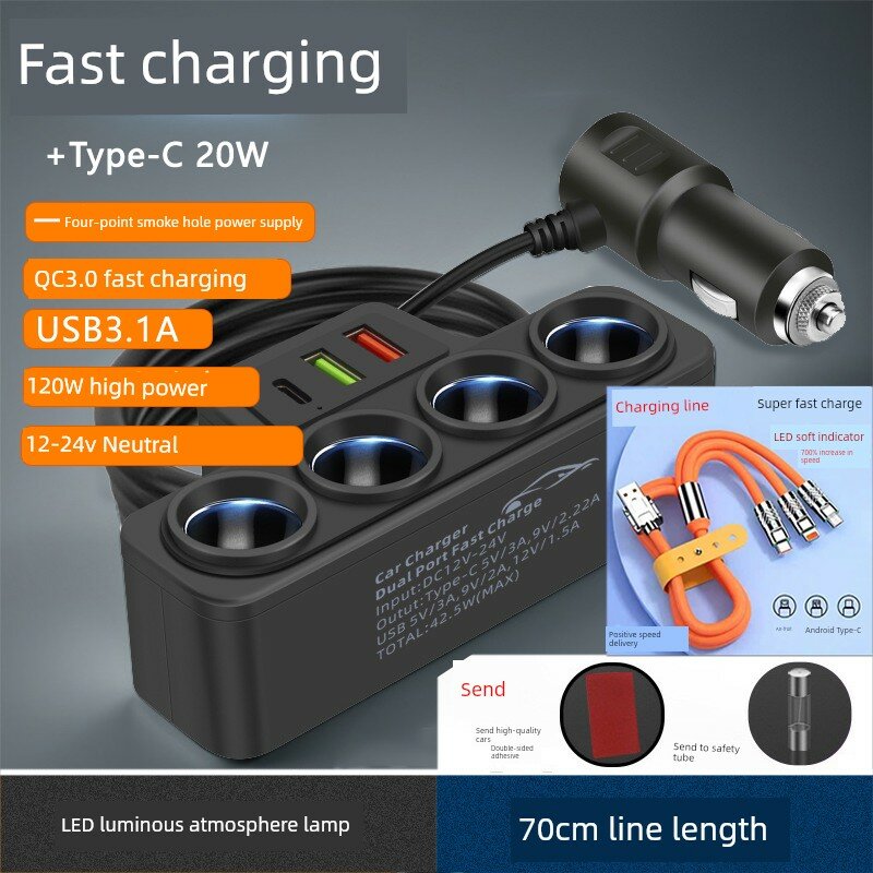 Автомобильное зарядное устройство с кабелем, адаптер для прикуривателя, блок питания, быстрое зарядное устройство PD
