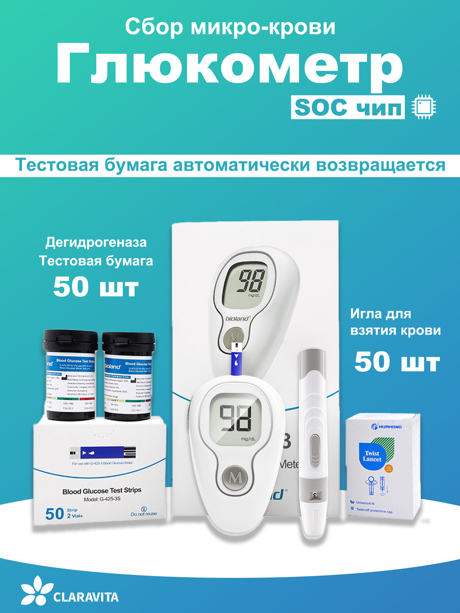 Биоаналитический глюкометр CLARAVITA с функцией автокодирования и автоэжекции, Набор для измерения глюкозы в крови