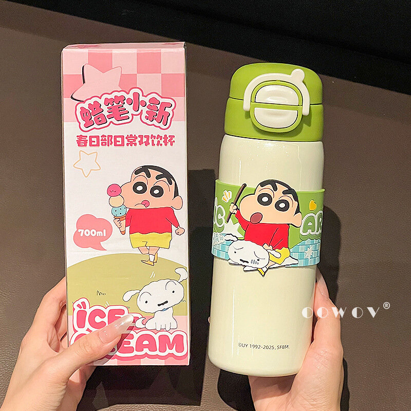 Детский термос Crayon Shin-chan, симпатичный двойной стаканчик для питья, высококачественная переносная кружка для воды, школьный стаканчик с трубочкой