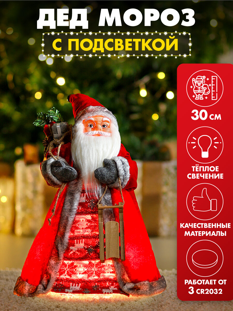 Фигура декоративная с подсветкой Санта с санями, батар.3шт*CR2032, 30 см Т-7093