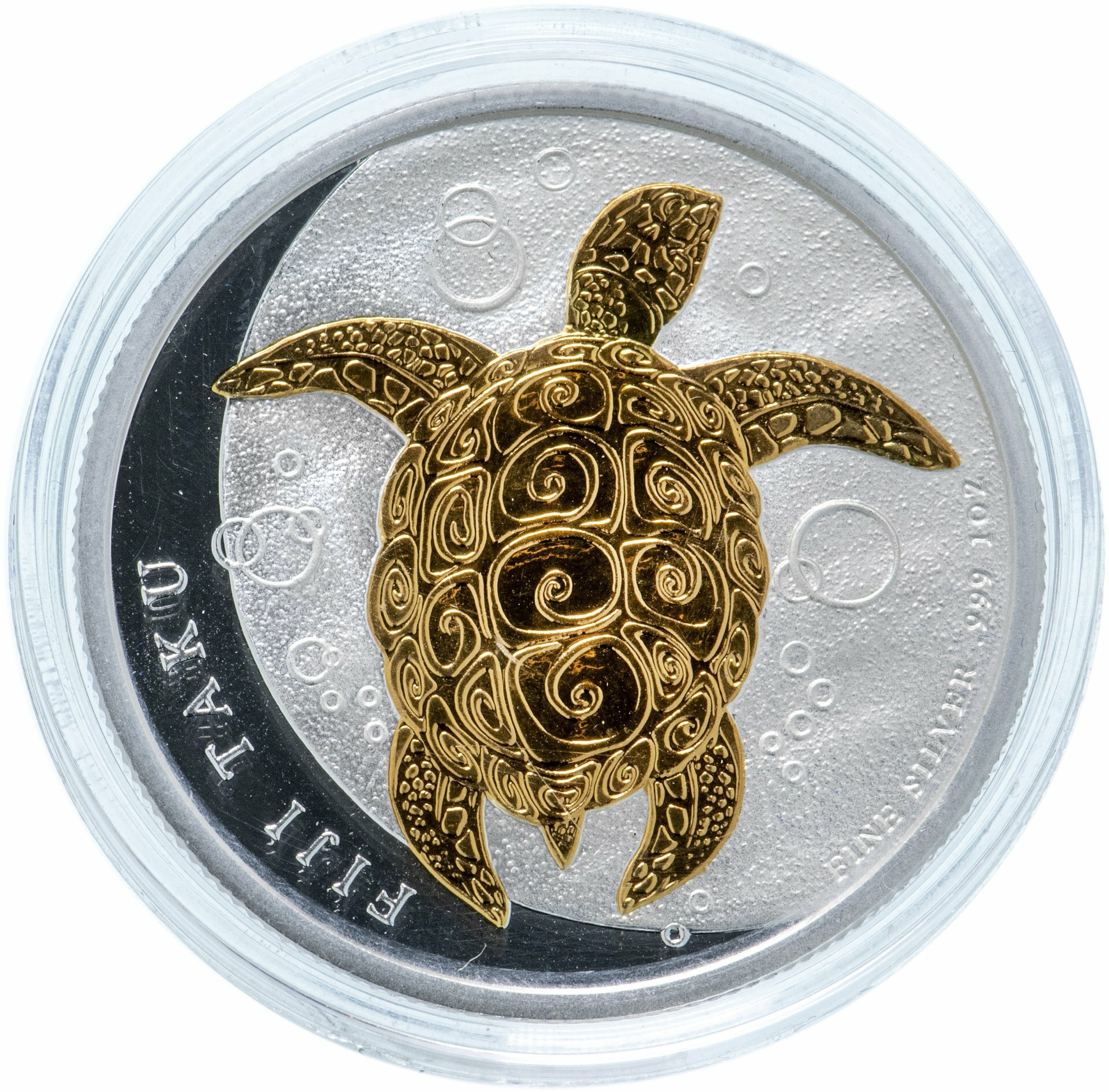 Фиджи 2 доллара 2010 "Черепаха Таку позолоченная" в упаковке с сертификатом, Серебро 999, в сохранности Proof