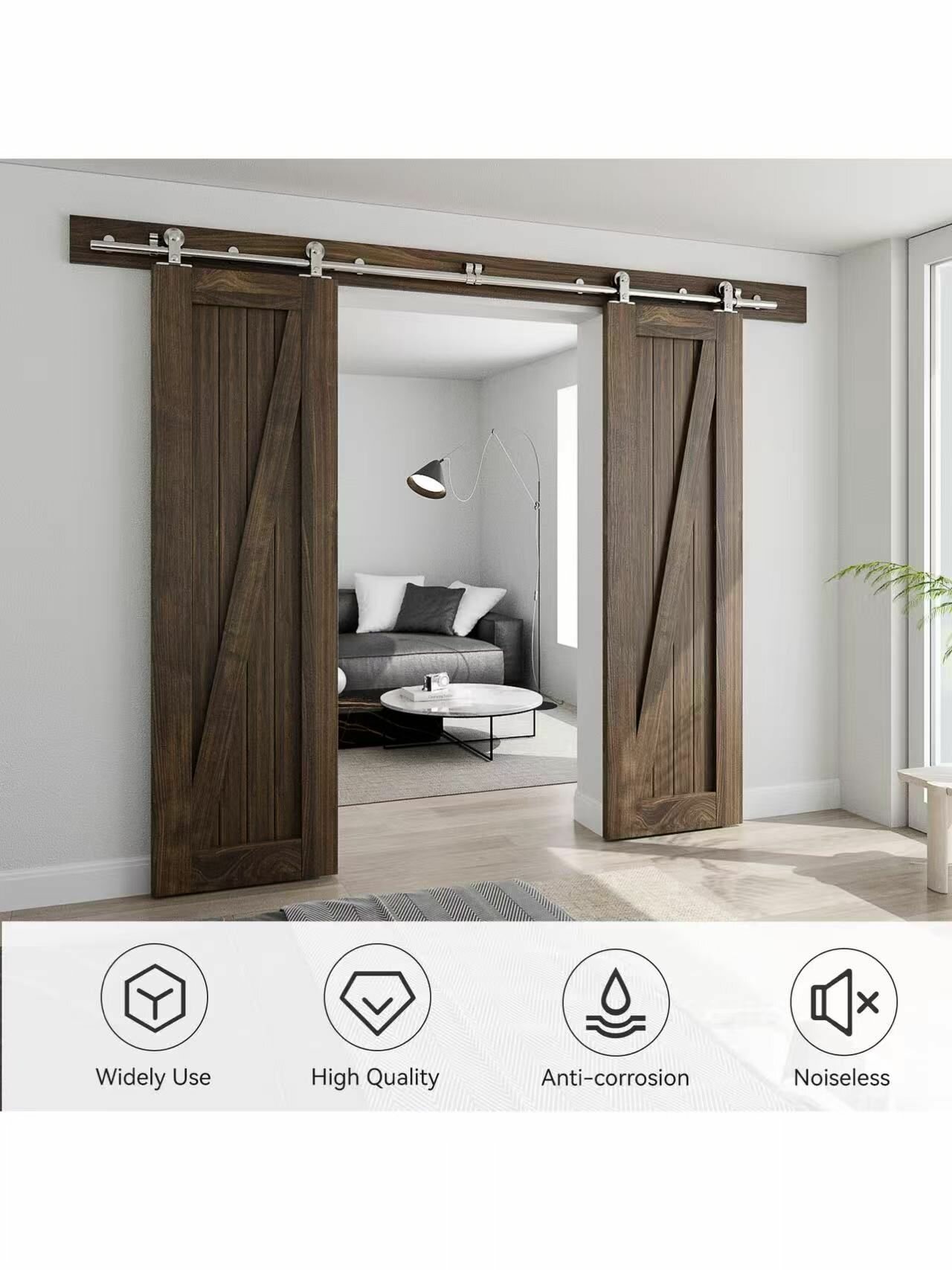 167cm Двухдверная амбарная дверь с Т-образным роликом гусеничной системы из нержавеющей стали