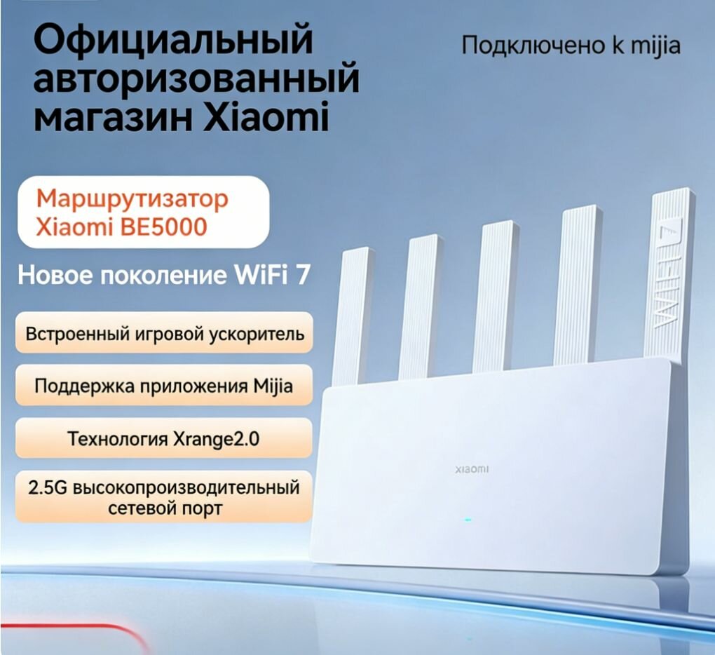 Маршрутизатор XiaomiBE5000 (Wi-Fi7) класс 5000 Мбит/с, 2.5G порт, двойной доступ к широкополосному интернету