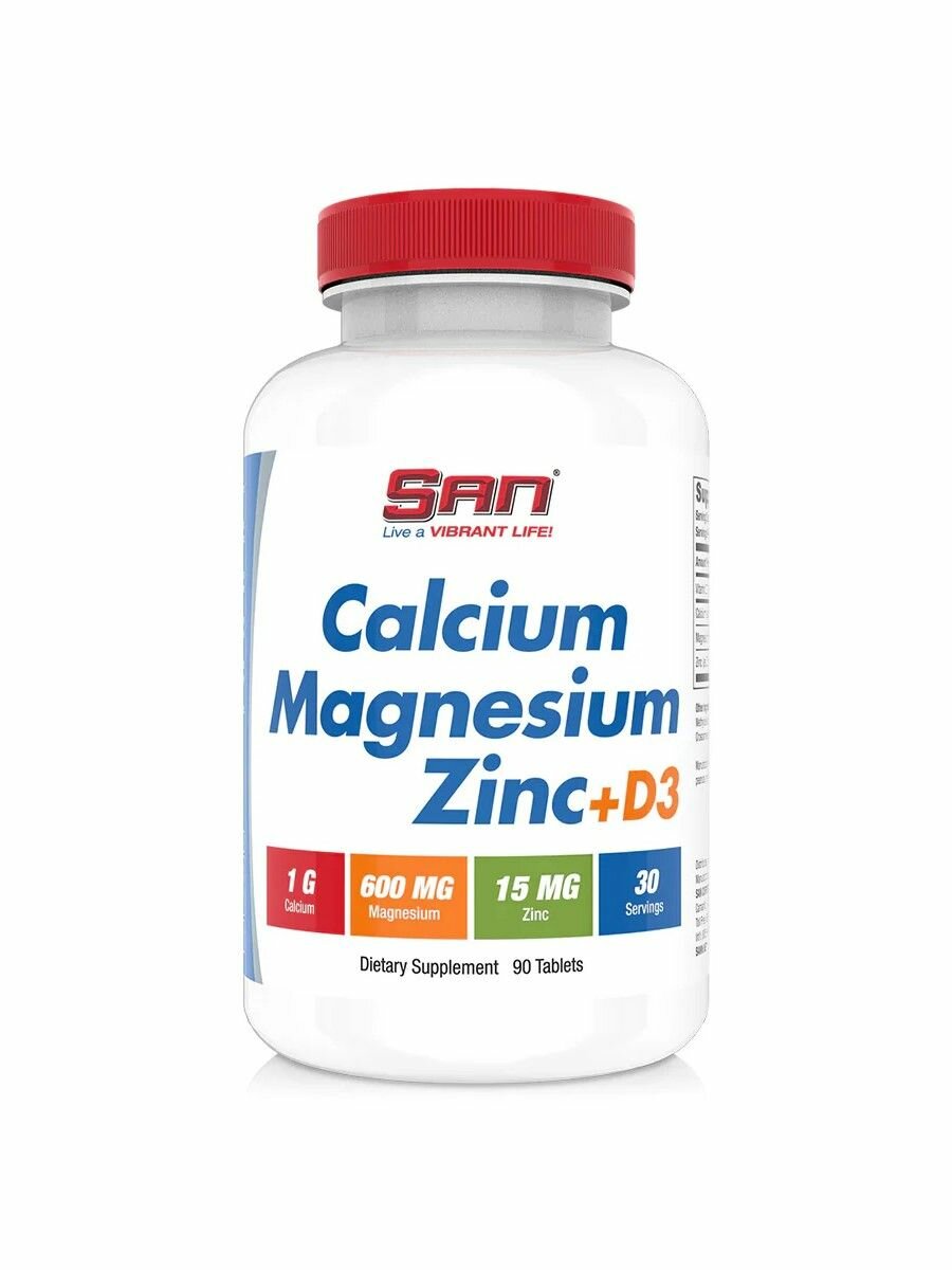 Кальций, Магний, Цинк + Витамин D3, 90 таблеток SAN, Calcium Magnesium Zinc + Vit D3, Комплекс для костей и зубов, для мышц и нервной системы