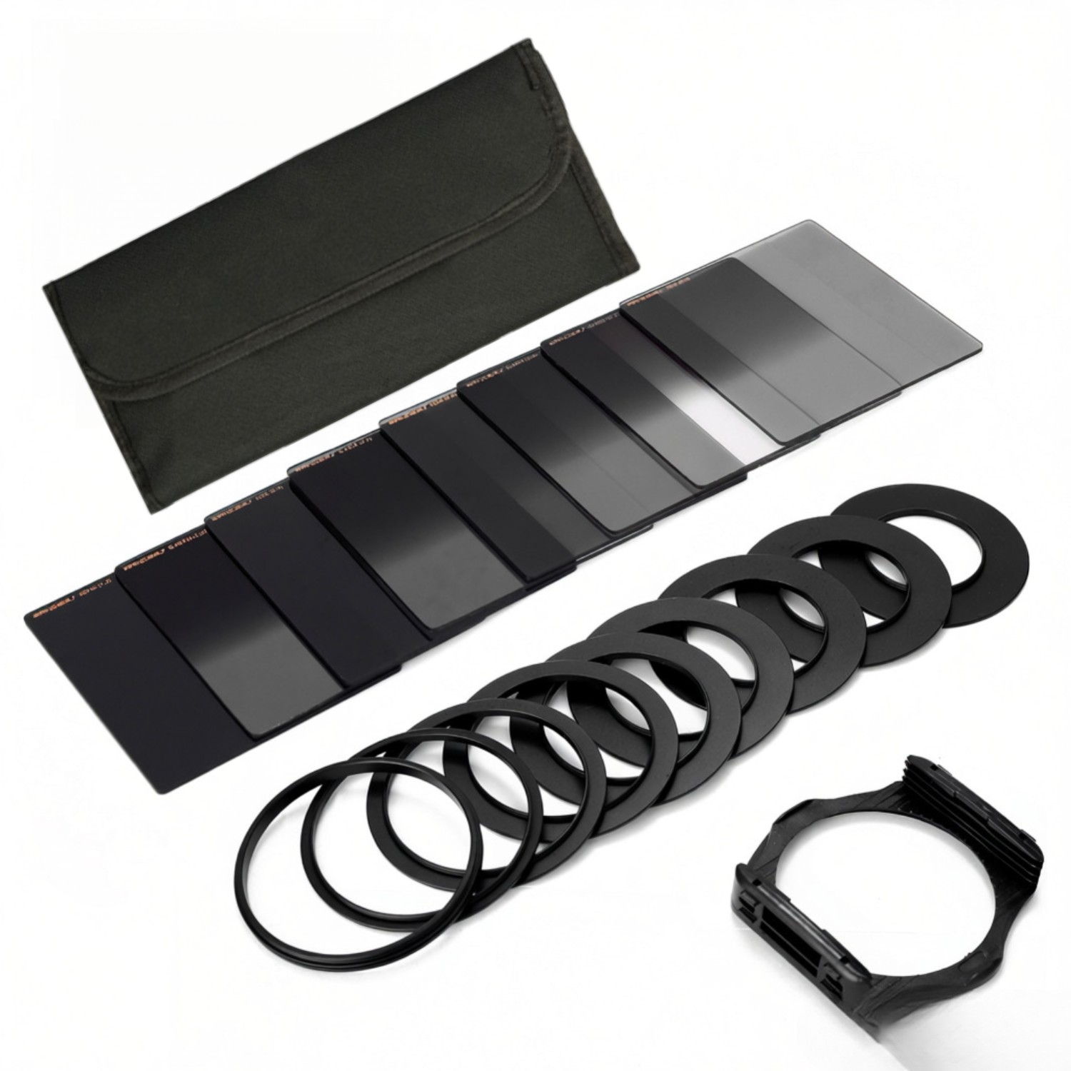 Набор квадратных нейтральных плотных фильтров ND2+4+8+16 с кольцевыми адаптерами и держателем для фильтров, адаптеры 49mm, 52mm, 55mm, 58mm, 62mm, 67mm, 72mm, 77mm, 82mm, 3-ячейковый держатель, чехол для хранения, аксессуары для фотографии камеры