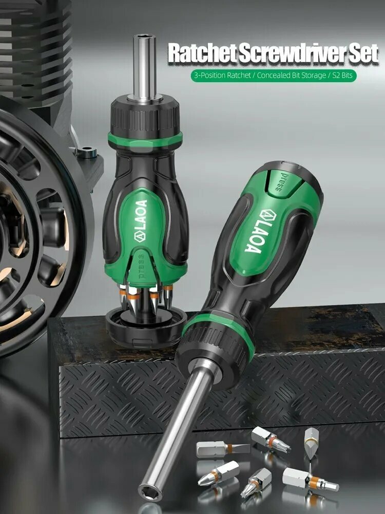 LAOA 6PCS Ратчетная отвертка с храповым механизмом, 45 зубьев, биты S2, скрытое хранение бит, эргономичная ручка