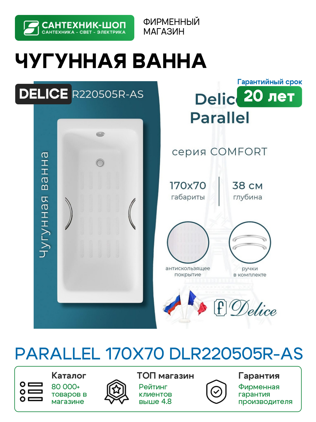 Чугунная ванна Delice Parallel 170x70 DLR220505R-AS с ручками с антискользящим покрытием