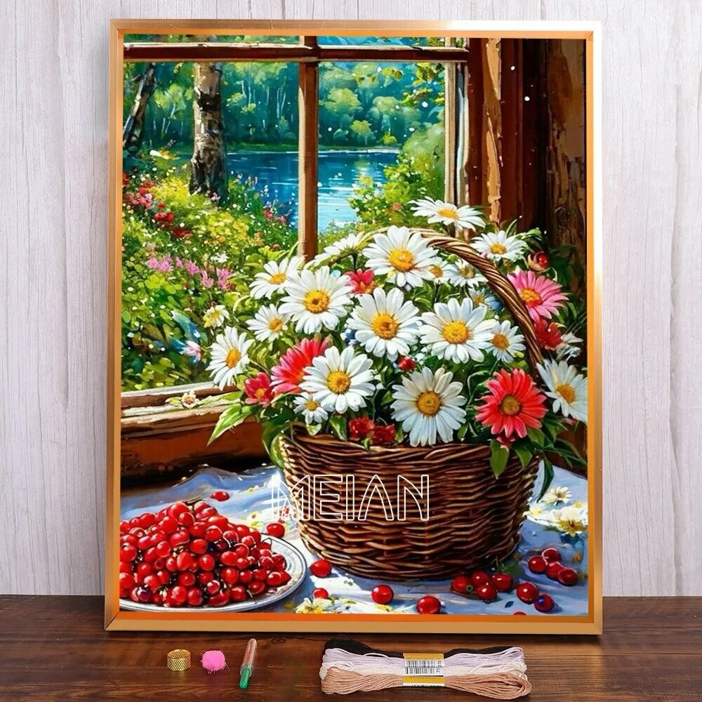 MEIAN Крестный комплект стежка,30x40CM,14CT, Белые хризантемы в цветочной корзине