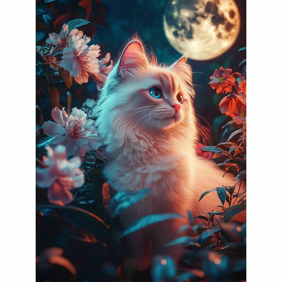 Набор для самостоятельной вышивки алмазами 5DКошачья полнолуние - круглая алмазная мозаика размером 40x50 см для украшения стен дома,40X50CM, белый