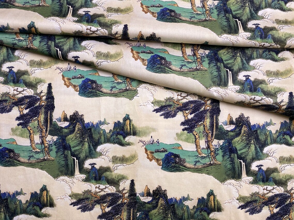 Ткань Хлопок бежевого цвета с принтом японский пейзаж 14425