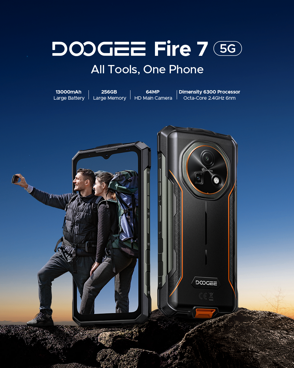 Doogee Смартфон Fire 7 ，Поддержка 5G, глобального диапазона частот，4/256 ГБ, черный матовый, оранжевый