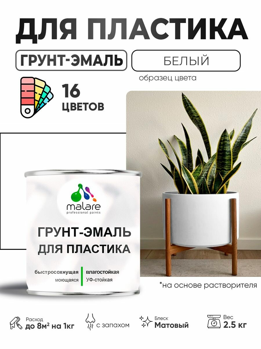 Грунт-Эмаль, Краска Malare 3 в 1 для пластика, окон и подоконников, сайдинга, быстросохнущая, матовый, белый, 2,5 кг.