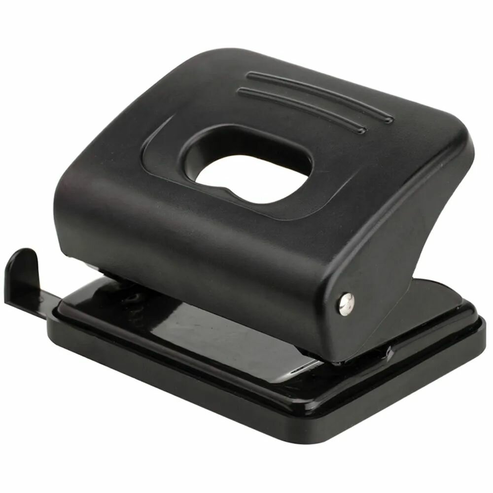 Дырокол 20 листов, пластиковый, черный, с линейкой в коробке