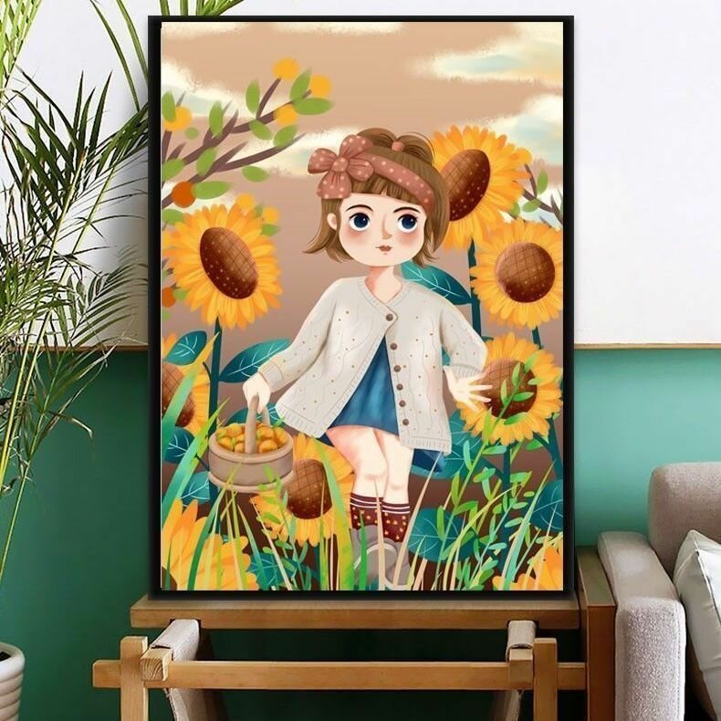 Эксклюзивный комплект для вышивки 51х72 см с мультяшной девочкой, выполняемый крестиком на канве 11CT с применением трех нитей