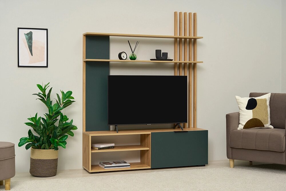 Стенка в гостиную для телевизора ниша для ТВ 2 полки 1 шкафчик, Роджина, 140х181х35 см, Дуб крафт / Изумрудный