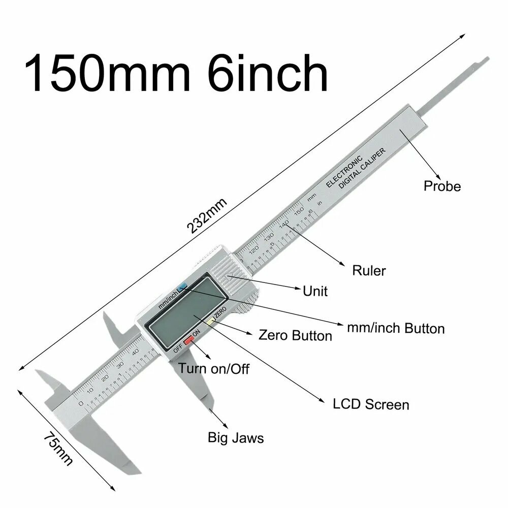 Цифровой штангенциркуль микрометр с нониусом электронная линейка измерительный прибор 150 мм 6 дюймов