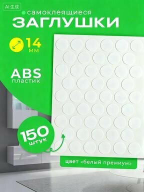 Заглушки самоклеящиеся для мебели цвет белый премиум W1000 ST9, D14 мм, упаковка 150шт