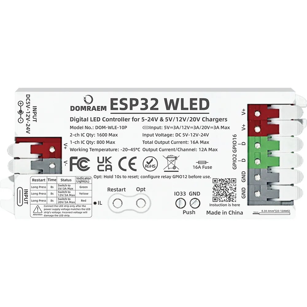 Контроллер DOMRAEM ESP32 WLED — двойной блок питания (PD и 5–24 В постоянного тока), предохранитель 16 А. Поддержка цифровых светодиодных лент WS2812B WS2805 SK6812 APA102 и т. д.