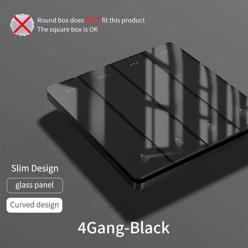 Чёрный выключатель 4Gang стеклянный с подсветкой