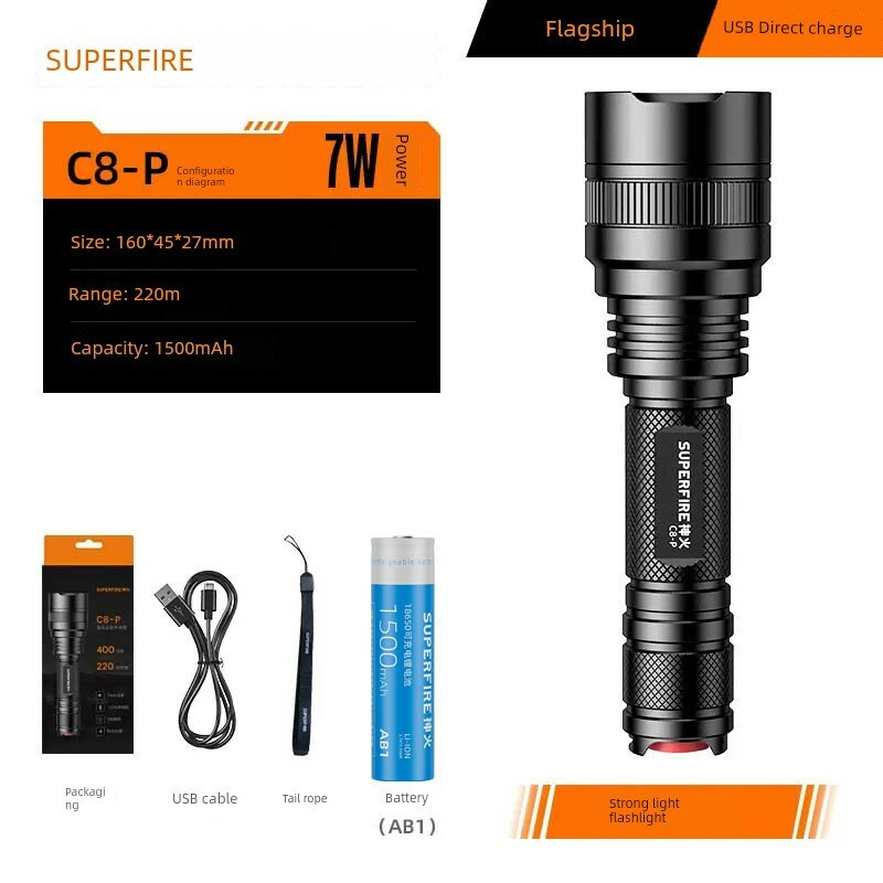 SupFire C8-P Светодиодный фонарик 8 Вт, одиночный аккумулятор, прямая зарядка, перезаряжаемый, портативный для дома