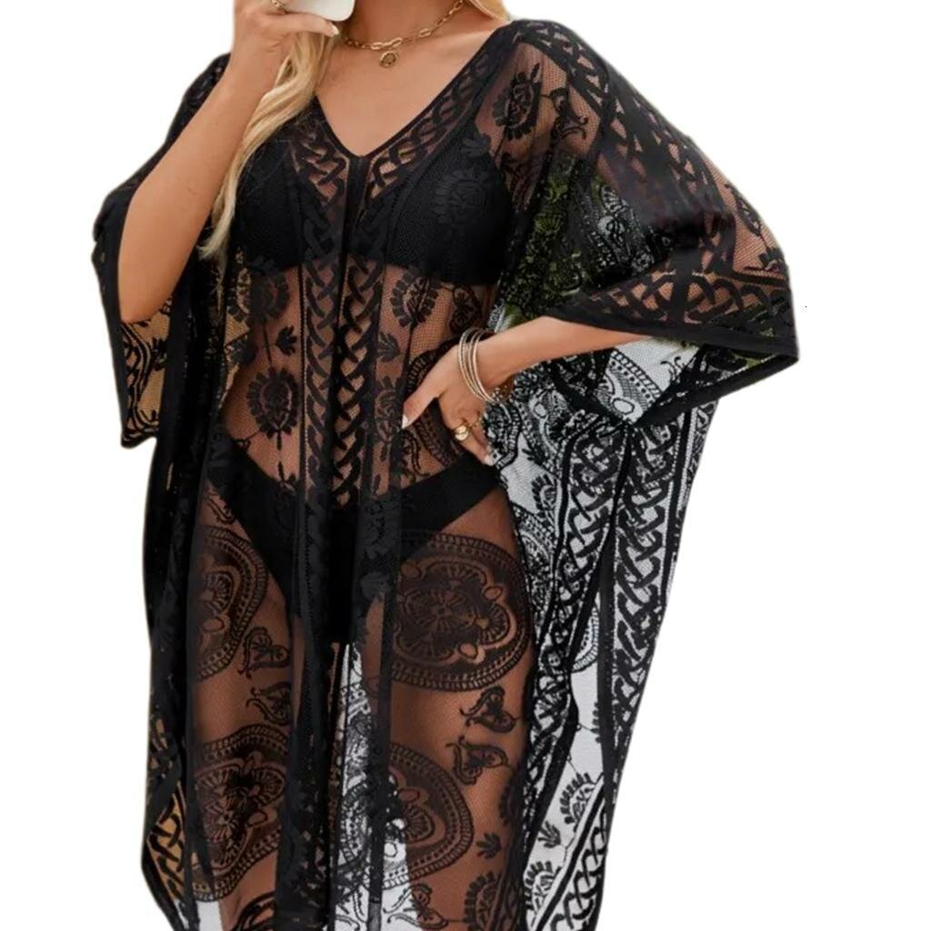 Женский прозрачный купальный халат из кружева, Черный