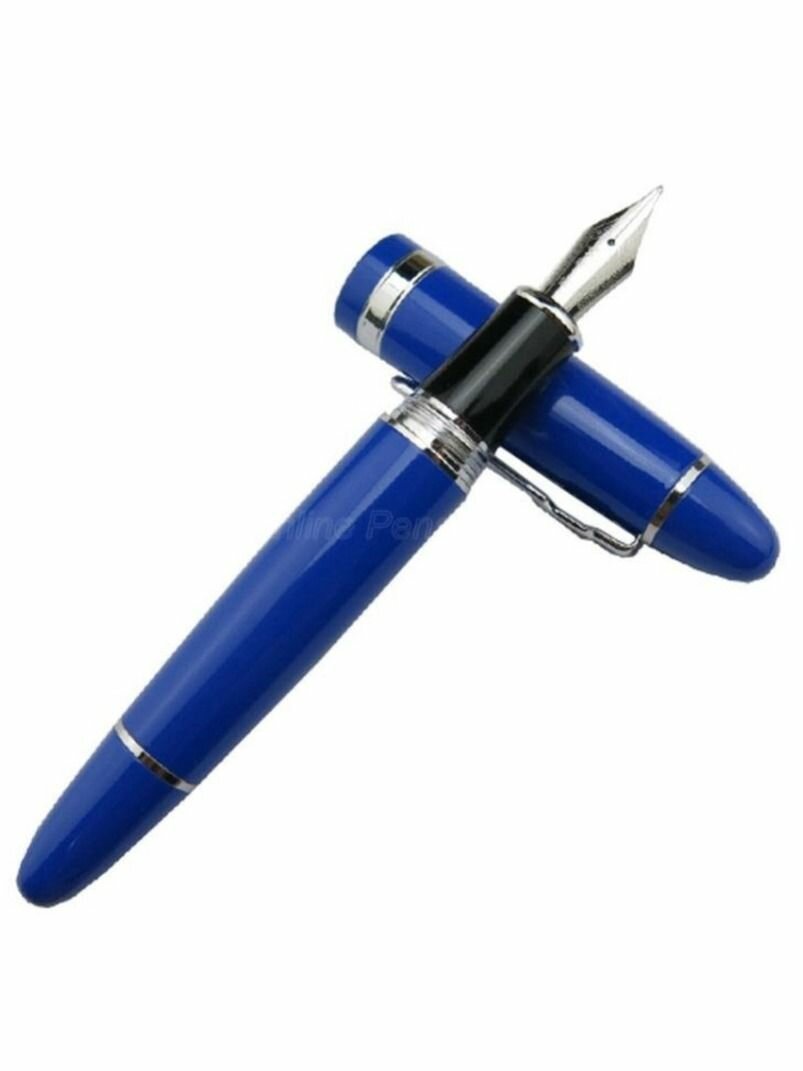 Перьевая ручка 159, Китай. Корпус металл. Цвет синий с серебром. Колпачок закручивается. Перо открытое М (0.75 мм). Заправка поршнем.