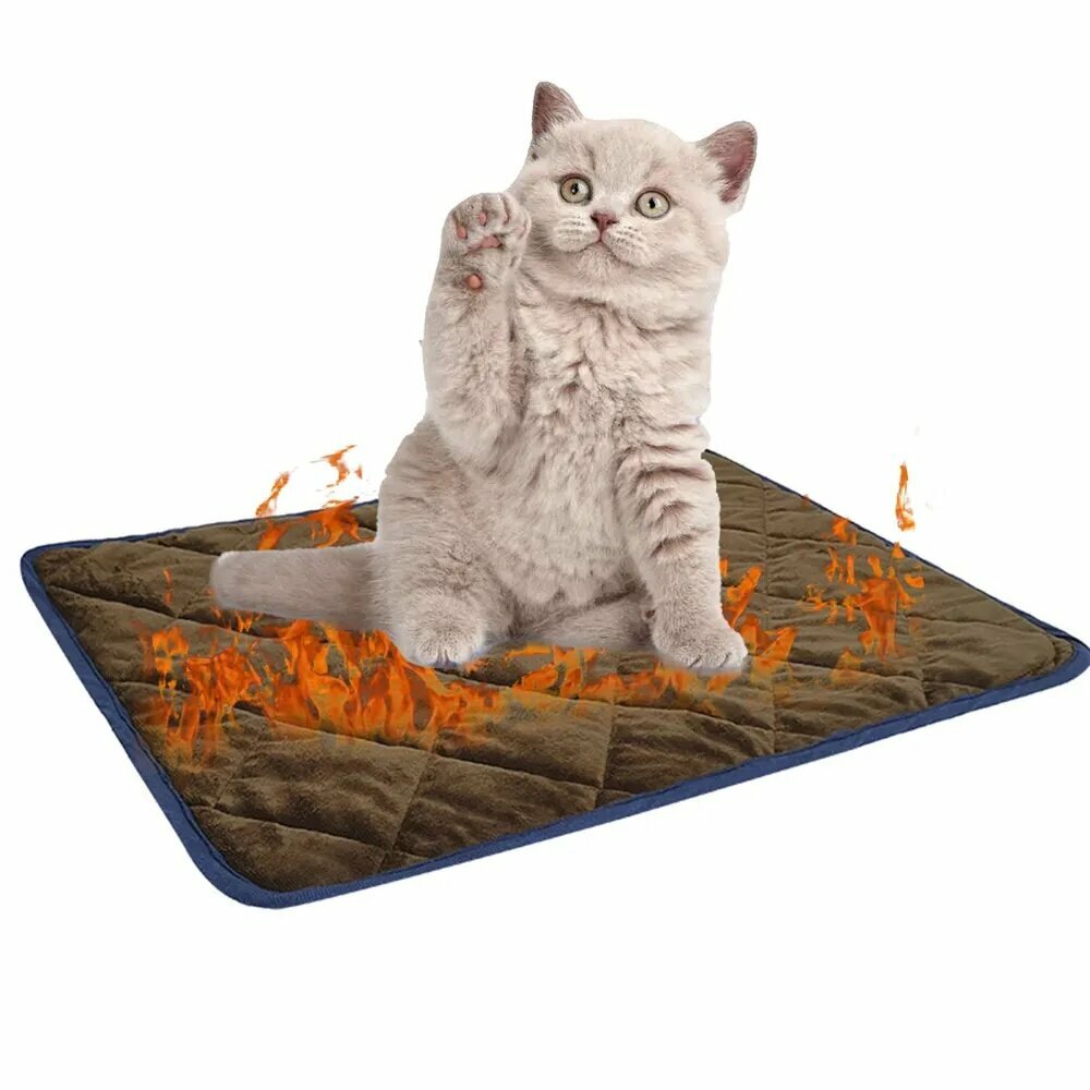 Грелка для питомцев с подогревом, самонагревающаяся, зимняя, 40x50 см, коричневая с синей окантовкой