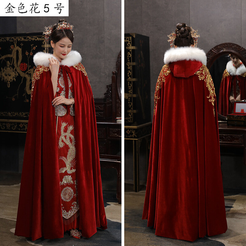 В наличии костюм Ханфу Сюхэ, утолщенный национальный стиль, красный китайский стиль, накидка с меховым воротником, свадебный шаль для невесты, зимний теплый