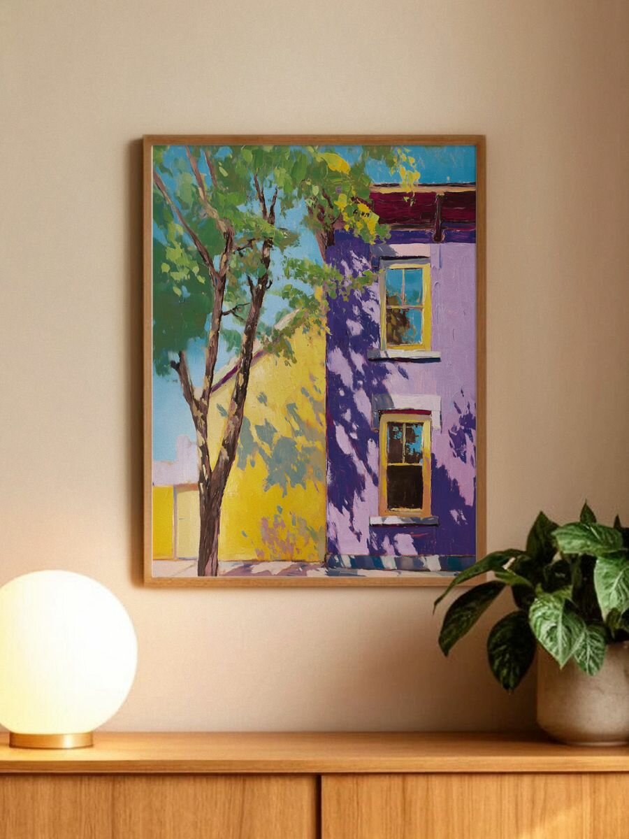 Постер на стену 30х40 Сиреневый дом с деревом, без рамы на бумаге