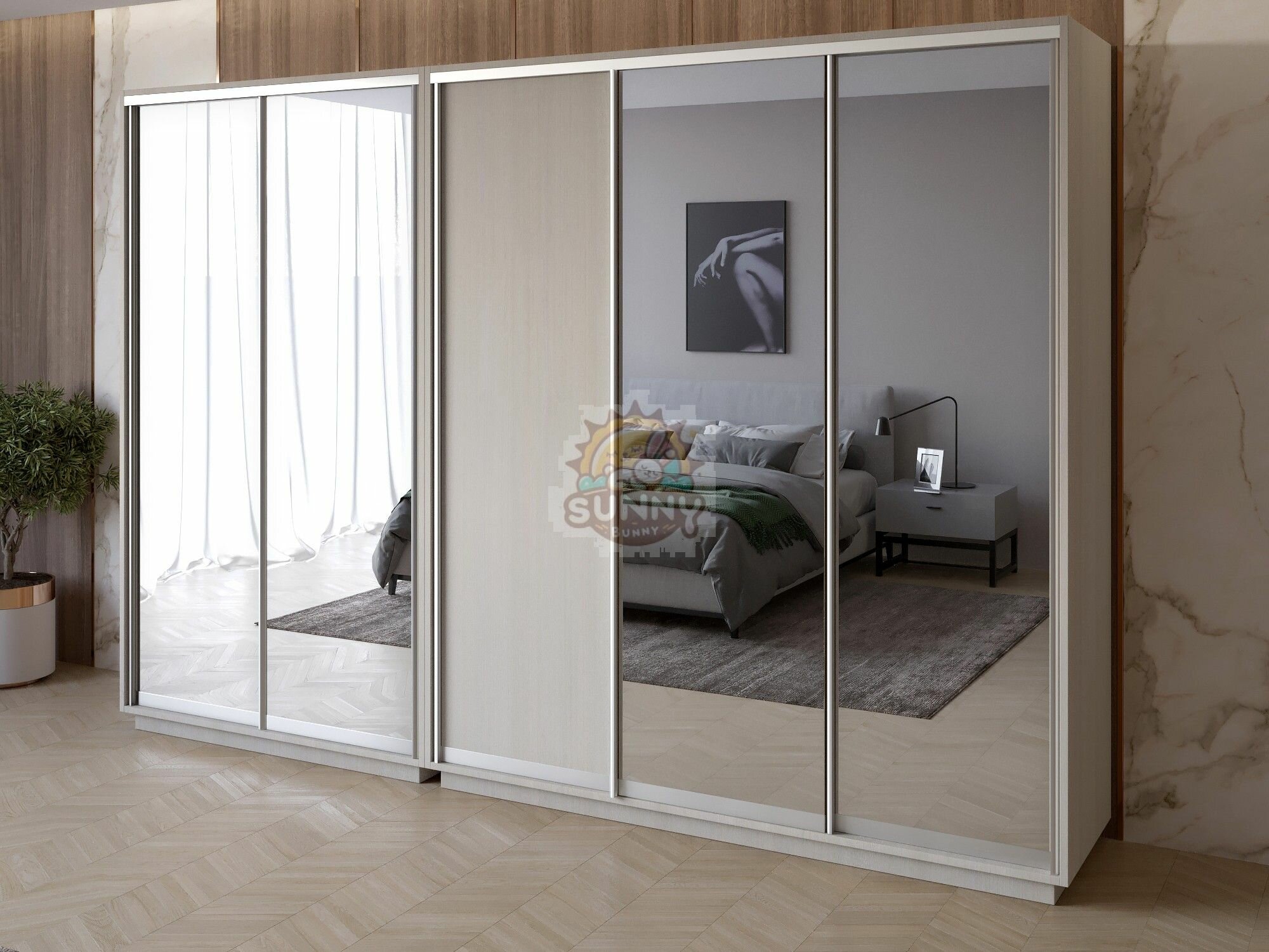 Шкаф-купе Вилли 5-ти дверный модульный (2+3) ЛДСП-1/Зеркало-4, профиль серебро, 300х60х240 см. Ясень Анкор светлый