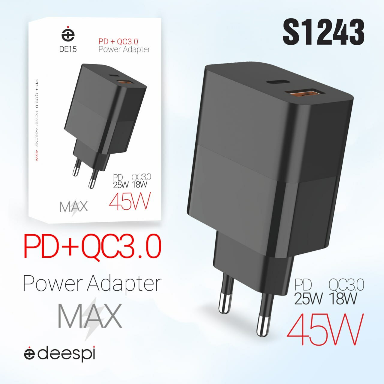 Сетевое зарядное устройство для телефона deespi DE15 QC3.0 18W+PD25W Black / Зарядка для Andoid и Iphone / Блок питания