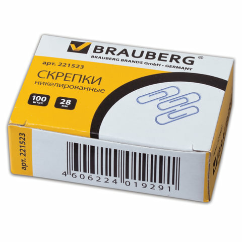 Скрепки Brauberg 28 мм никелированные, 100 шт (221523)