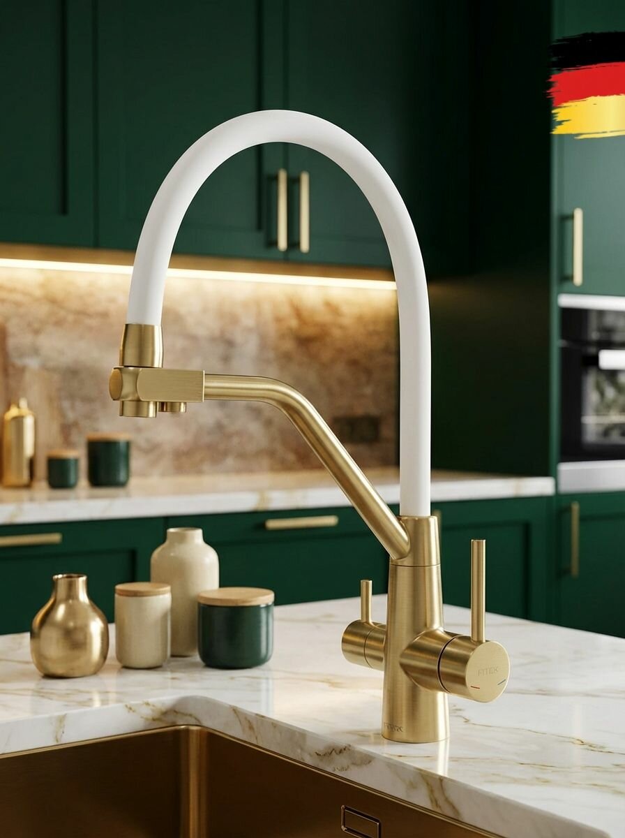 Смеситель для кухни с подключением под фильтр для питьевой воды / с съемным изливом / высокий, поворотный / белый, матовое золото