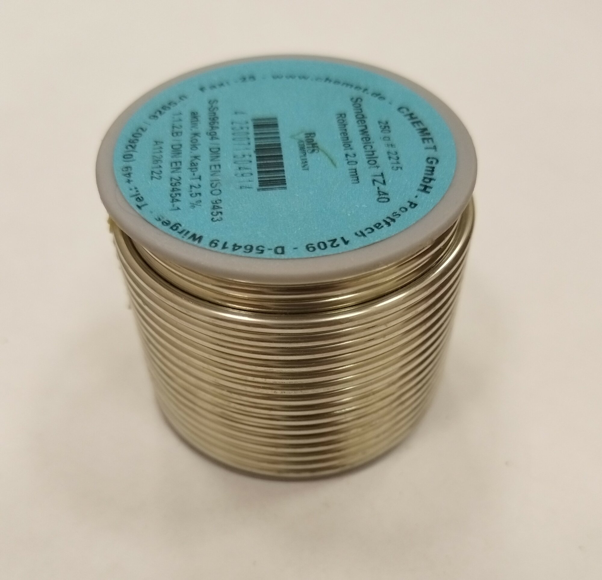 Припой Chemet мягкий A112/TZ-40, с флюсом Kap-T, диаметр 2 мм, на катушках по 250 г, A1126122