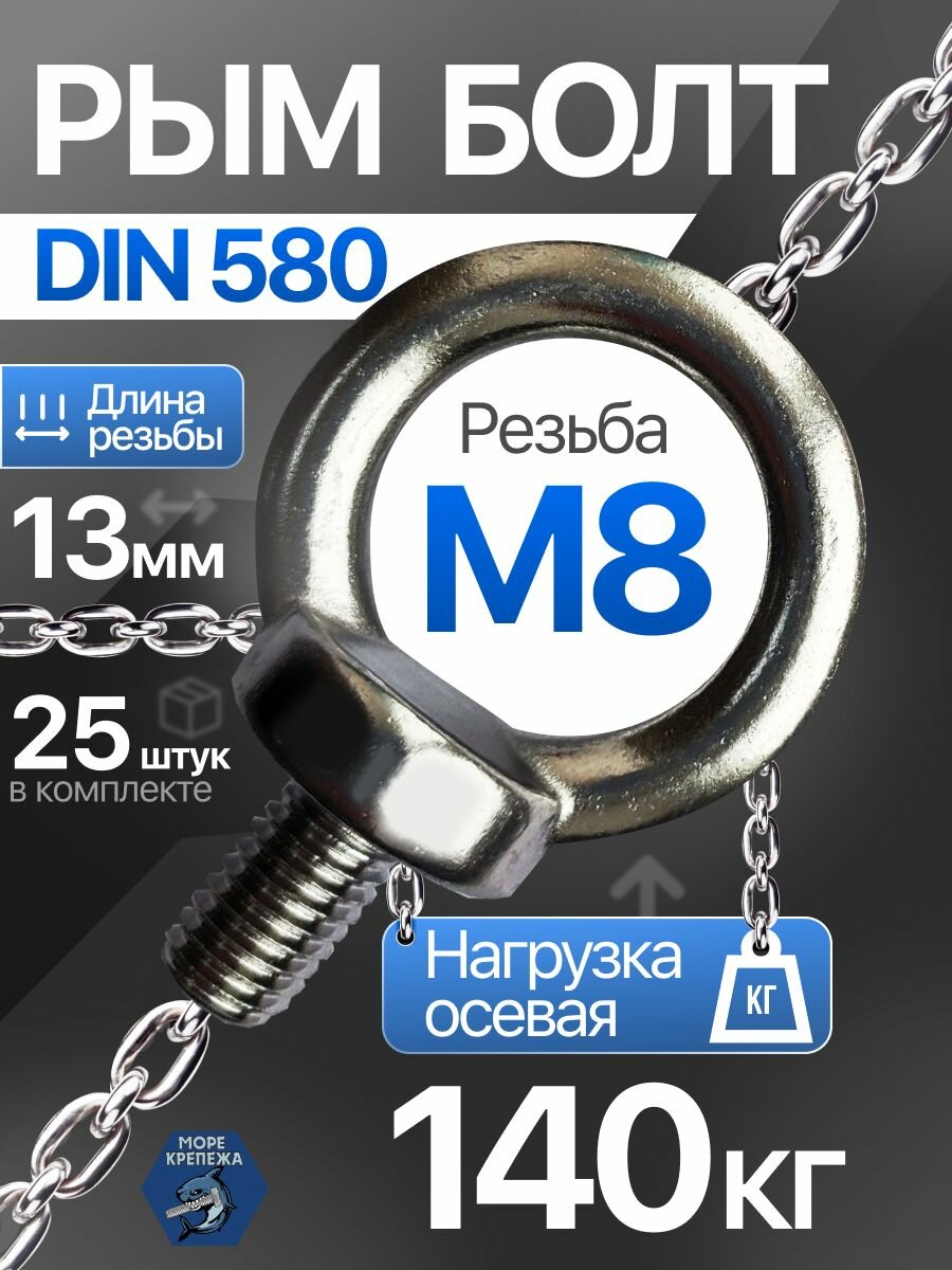 Рым-болт М8 оцинкованная сталь DIN580, 25 шт