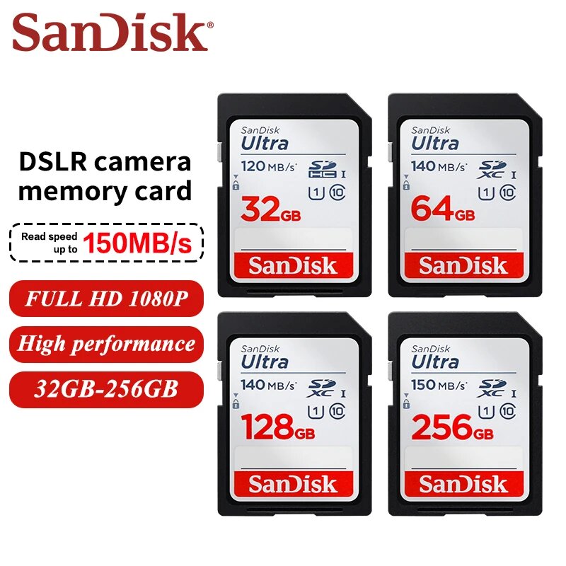 Карты памяти SanDisk Ultra SDHC SDXC UHS-I C10 U1 32 ГБ 64 ГБ 128 ГБ 256 ГБ Скорость чтения до 150 МБ/с водонепроницаемые для камеры HD-видео